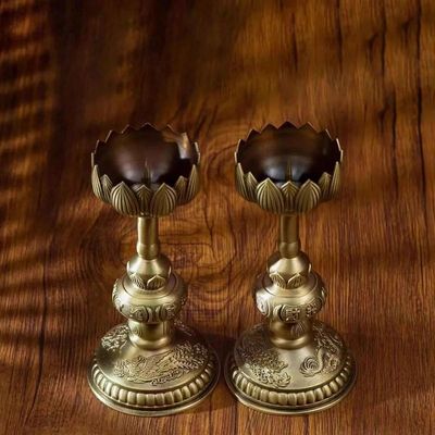 烛台高级感轻奢风黄铜黄铜烛台一对莲花摆件家用蜡台香炉佛堂佛前