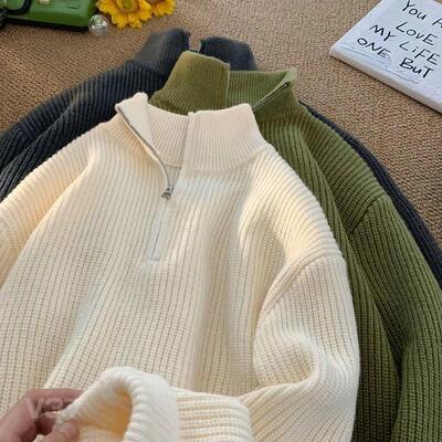 Autumn Winter Half Zipper Sweater for Men Knitted Thickened