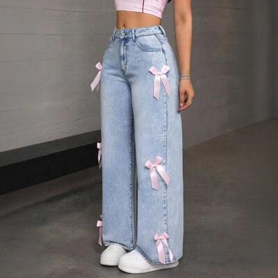Bow Pants with Pink Ribbon Accents and Distressed Details