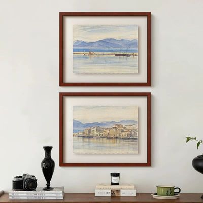 静海》蓝色水彩风景画南法风复古艺术客厅装饰画法式餐厅玄关挂画