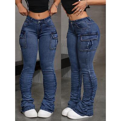 Dark Blue Tight Side Pleated Stretch Pants Jeans WoBottom