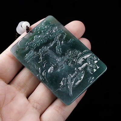 正品翡翠a货冰种飘花山水玉石吊坠意境木那雪花棉无事牌挂件