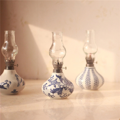 复古老货陶瓷煤油灯釉下彩手绘花瓶摆件色彩雅致脱俗