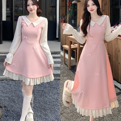 大码云端恋曲胖mm秋冬毛呢蝴蝶结娃娃领长袖连衣裙收腰显瘦A字裙