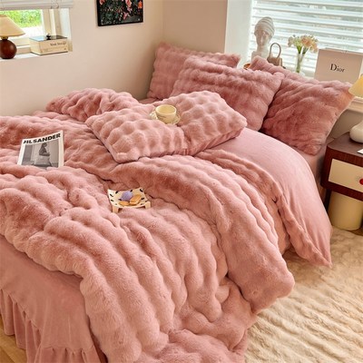 冬季a类兔兔绒加绒加厚四件套母婴毛绒牛奶珊瑚绒防静电床单被套4