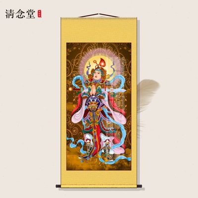 韦陀天菩萨画像楼至佛丝绸挂画玄关书房走廊沙发背景墙客厅装饰画