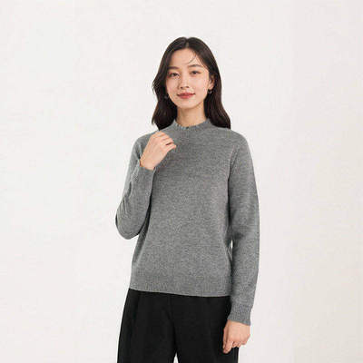 【一一专享】女士纯色圆领休闲100%绵羊毛针织衫1N6012