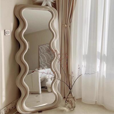 网镜红穿13905in地s奶油风平头波浪镜全身镜落家用衣女生卧室试衣