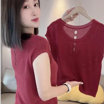 8047 早秋薄款针织衫显瘦减龄百搭设计感短袖时尚女士高档上衣