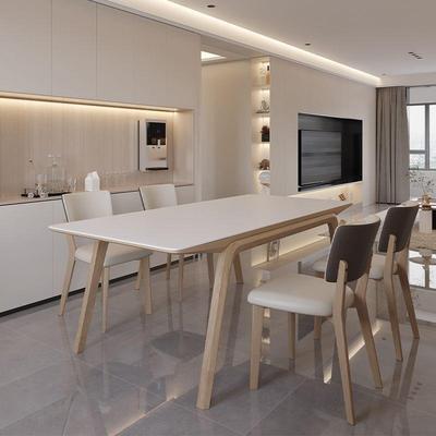 奶油风实木岩板餐桌实木腿白蜡木原木色北欧现代简约长方形饭桌椅