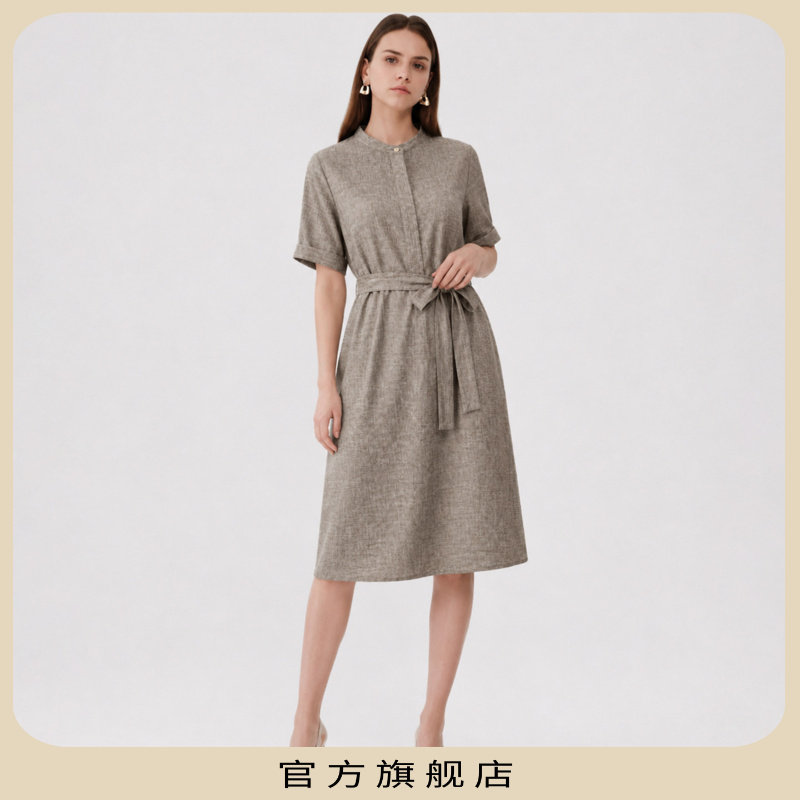 KLOVA/柯罗芭夏季新款优雅商务风复古咖立领A字连衣裙LI9539(UN)G