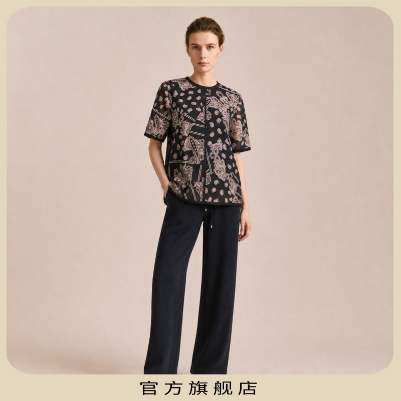【KLOVA】新款夏季女复古佩斯利黑粉花A版宽松圆领T恤TW6743(UN)