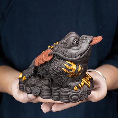 紫砂茶鸿运宠当头蟾描金茶玩摆功件EXM夫茶具金可养茶桌招财