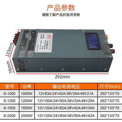 SZMW数显款2000W大功率开关电源S-1500W-24V1200W/12V36V48V直流