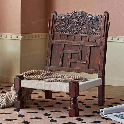 印度Pida椅实木雕花沙发椅民宿创意手工编织沙发椅子