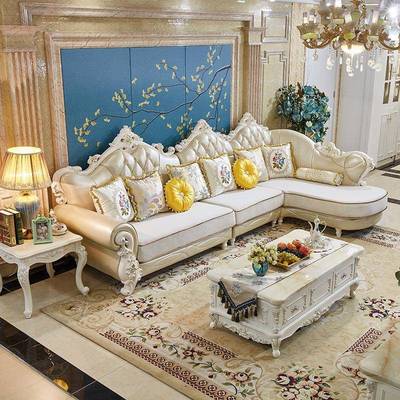 欧式真皮沙发组合简欧皮布结合实木小户型整装转角L型布艺沙发