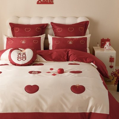 罗兰家纺浪漫轻奢高支长绒棉新婚床上四件套全棉高端婚房结婚喜被