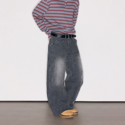 DeepRain复古拼接做旧廓形弯刀裤