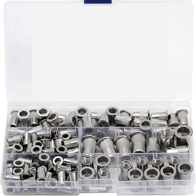 跨境110PCS盒装5种尺寸304不锈钢铆钉螺纹平头拉铆螺母套件