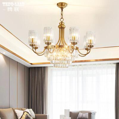 美式轻客奢楼水晶厅吊式灯大气大厅主灯复餐70715厅灯具别墅全铜