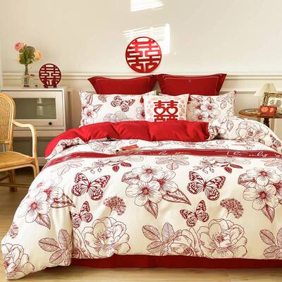 双面浪新漫lov婚用房四件套结e婚大红色喜被女F699T方陪嫁婚庆床