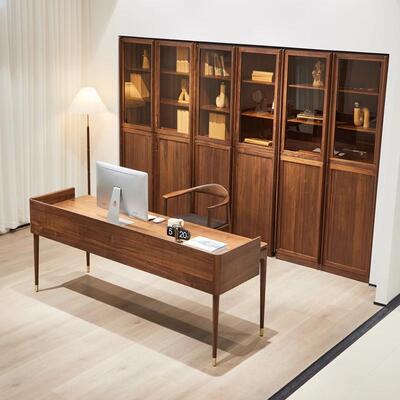 1569北美黑胡地桃木书柜书架合意式极简实木书房家轻具奢组满墙落