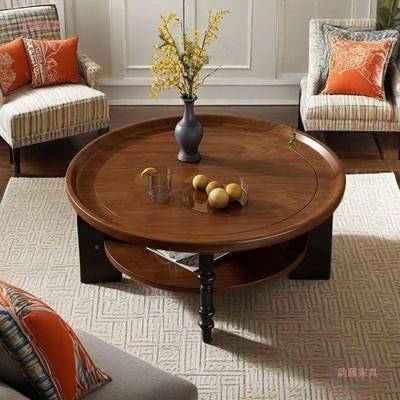 复风古中古风茶几CWE圆形实木中式美式小户型茶桌露茶几客比厅