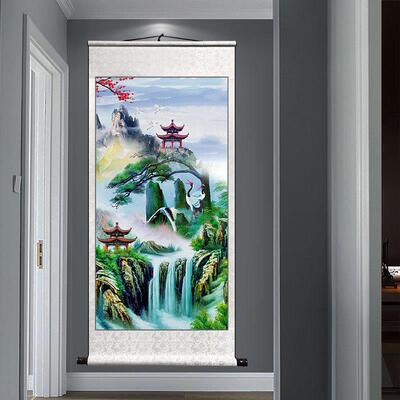 挂国背画山水画客厅画高山流水玄装饰画关办公室景墙竖版卷yq7404