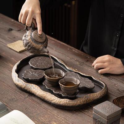 铁日式鎏金釉荷塘32204干泡盘粗大号茶盘陶水排水式茶台家储用托