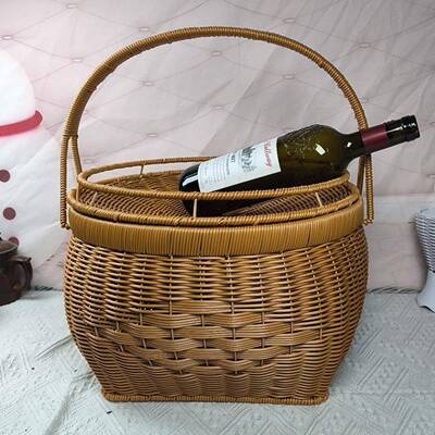 户外野餐双层拜水拜2356菜篮仿藤编织手提盖箱大容量买果篮带购物