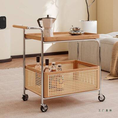 实木简可编移动边几收纳中古小推56312车客厅沙发储物置藤物架约