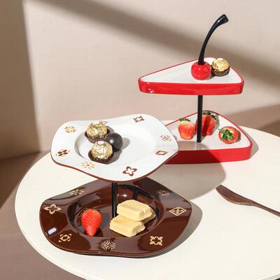二层水果盘蛋糕展示架甜品展示盘甜轻奢品盘台盘坚果IGB红色果茶