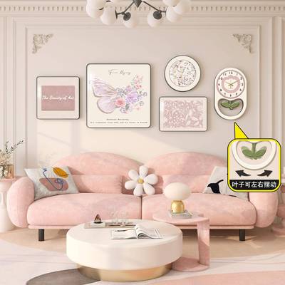 式奶油风客厅装饰沙组发背景墙抽象挂画画高级感创AAU法意挂钟壁