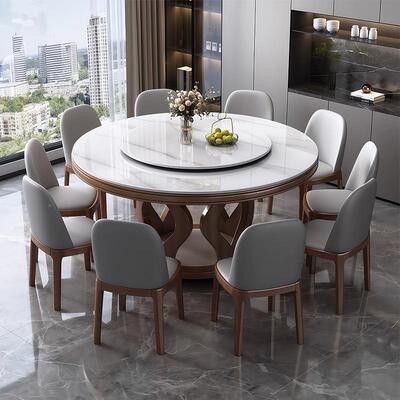 简岩板餐桌椅组合现代约奢实木酒轻店大圆桌小户型圆带转TL-爱心