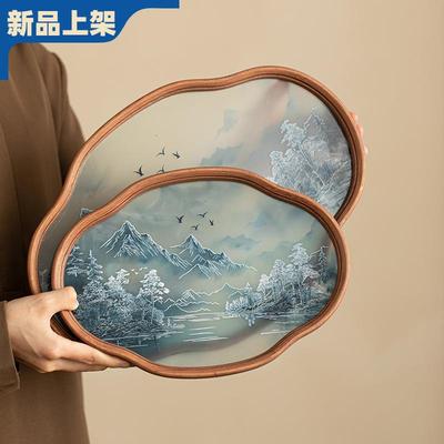 新款干泡台干泡盘山水竹制玻璃茶盘家用茶具茶托盘高档放茶杯泡台