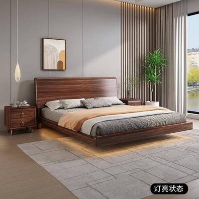 浮床现代14937简约全木床实主卧1悬.8胡桃木1米5北欧齐边原米木双