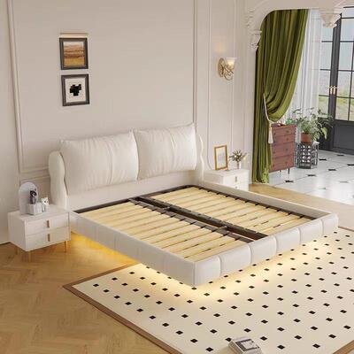 室油浮床带灯轻奢简约法式奶风皮艺床双人悬床主卧实木婚OIY床泡