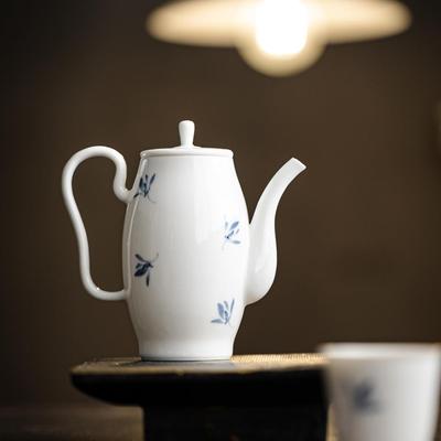 泥人述仿宋釉下彩手绘兰芯贵妃壶玉白泥水墨兰花水滴壶手执茶壶