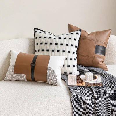 现代轻样奢抱枕沙发色NHD客厅高端板靠枕黑白棕间咖皮质靠垫酒店
