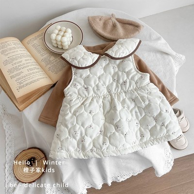 女宝宝连体裙冬季2025新款洋气小女孩碎花夹棉加厚背心裙保暖裙子