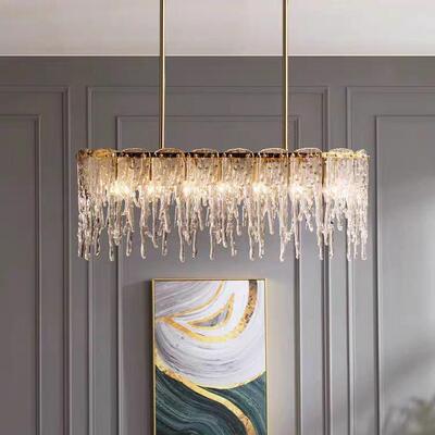 轻奢全铜椭圆餐厅吊灯简约现仿冰雕吧台灯创意艺术长方形饭厅灯