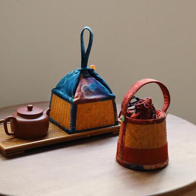 缎面竹编便茶事包提32348花手工袋杯袋笼纳加厚外出壶携带携茶道