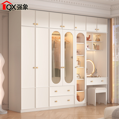 奶油风衣柜书桌梳妆台一体组合家用卧室玻璃门收纳衣帽间定制A37