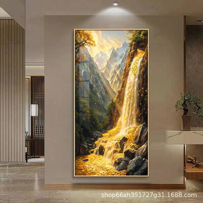 高山流水关财玄装饰画聚宝盆HS-05260客厅走生廊过道壁画竖版山水