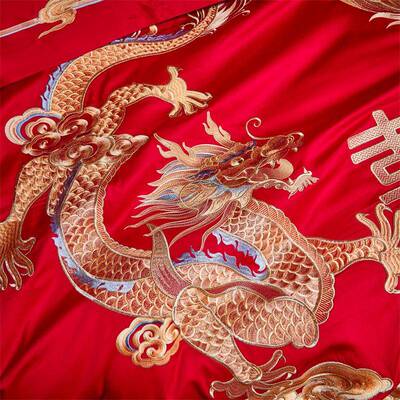 式中婚庆件大红纯棉刺绣新婚被套结婚房四喜HFT被婚房床上用套品