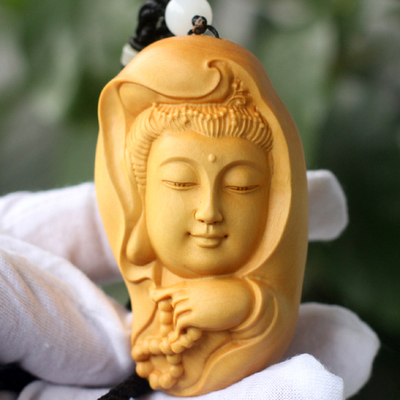 黄杨木雕实木手把件汽车挂件挂饰保平安把玩文玩南海观音菩萨头像