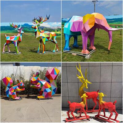 不锈钢卡通几何长颈鹿切面熊猫雕塑公园兔子大象松鼠马动物人摆件