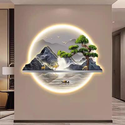 新中式入户关装饰画ELD带灯山水画玄客厅走廊过道HLT-282挂客画迎