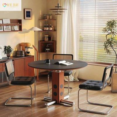 型不锈圆形洽谈白蜡木岩小板家用餐桌钢桌极无品牌/简古风圆形餐