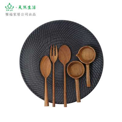 YFJY日用餐厨餐具叉子勺子纯手工黑胡桃柚木质勺叉便捷式餐具套装